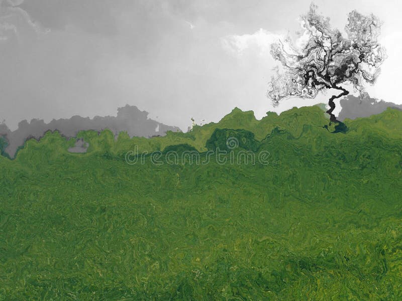 Green Grass Field and a Winter Dry Tree Abstract Stock Illustration ...