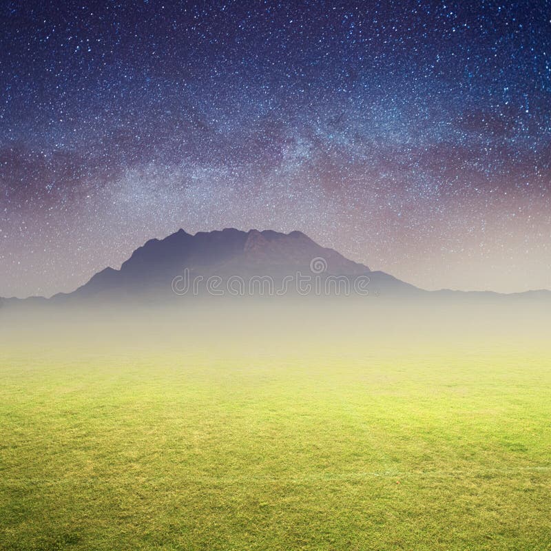 Green Grass Fields Big Mountain and Star Night Stock Image - Image of ...