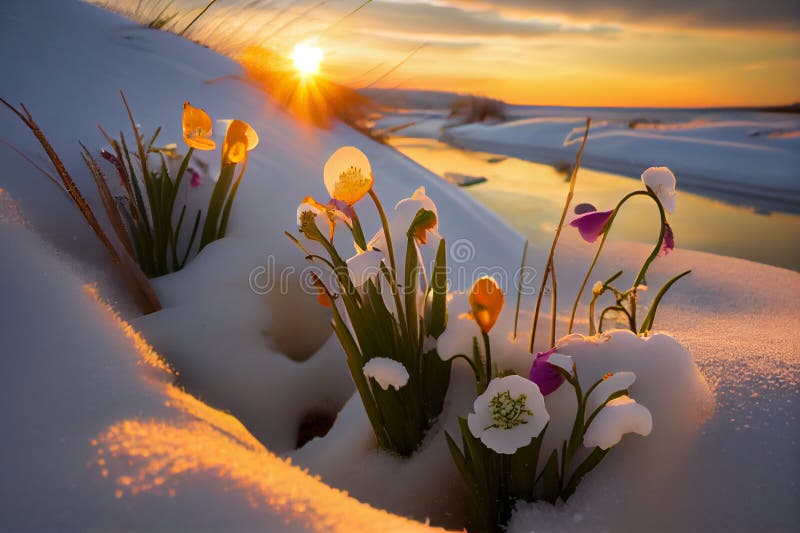 Green Grass Grows from Under the Snow in Spring. AI Generated Stock ...