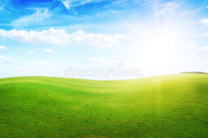 Green Grass Hills Under Midday Sun in Blue Sky. Stock Image - Image of ...