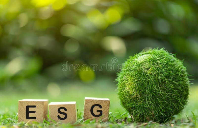 A Green Grass Sphere and Wooden Blocks with the Text ESG Stock ...