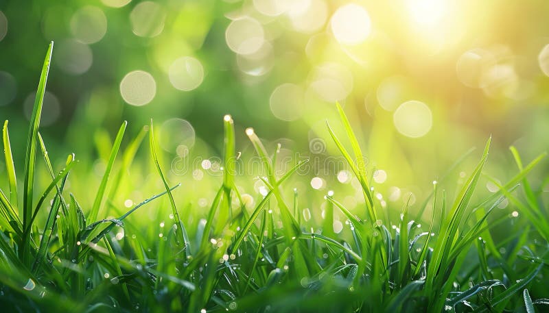 Green Grass with Sun Rays Shining through Stock Image - Image of drop ...