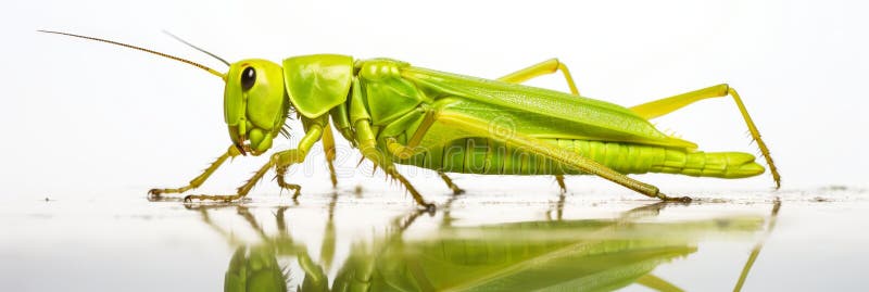 Green Grasshopper Crawling on a Reflective Surface in Bright Light ...