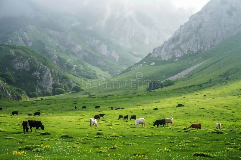 Green Grassland with a Group of Cattle Grazing Stock Illustration ...