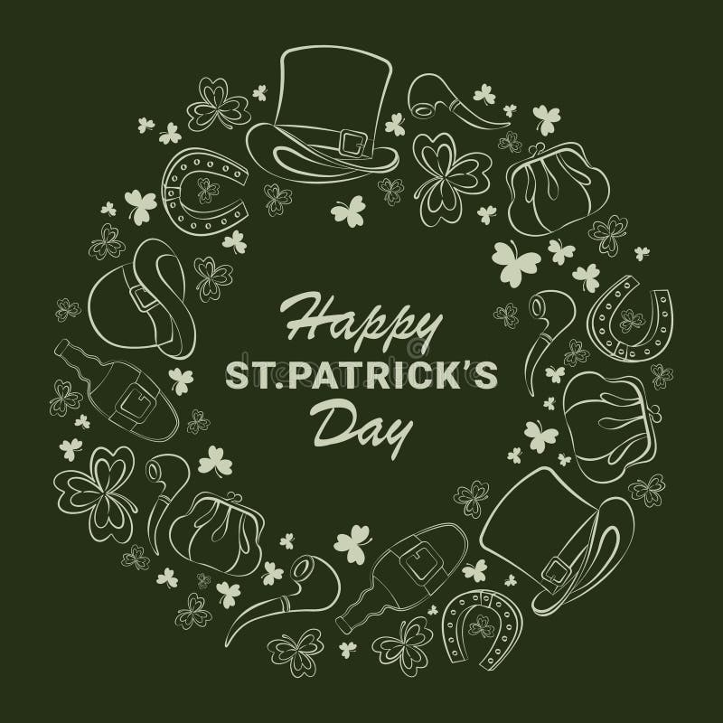 Green Greeting Card with Many Traditional Elements Around Text about St ...