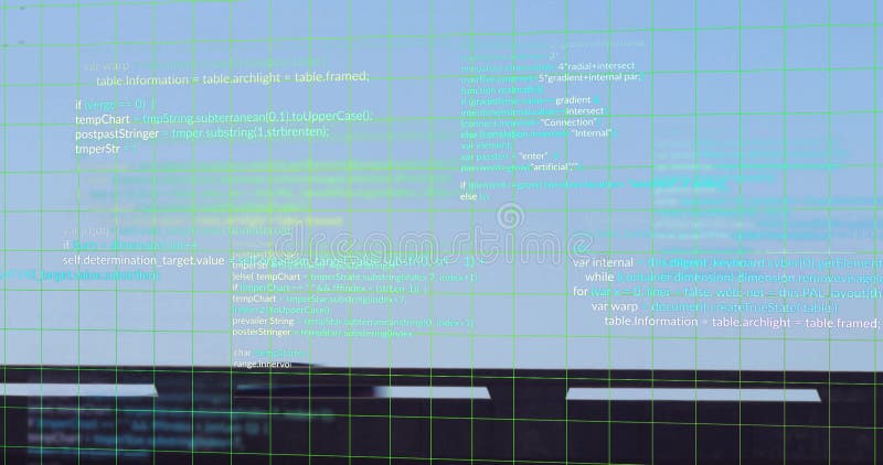 Green Grid Lines Appearing and Code Blocks Scrolling with Dark Train Car Gliding Left Showing ...