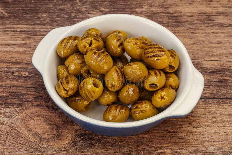 Green Grilled Olives in the Bowl Stock Photo - Image of diet, homemade ...