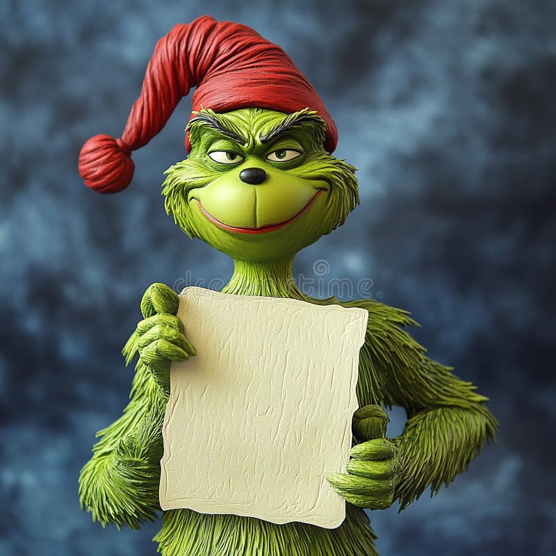 A Green Grinch is Holding a Blank Piece of Paper Stock Illustration ...