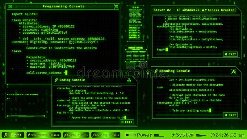 Green Hacker Desktop Console With Scrolling Programming Code Loop Overlay Background Stock