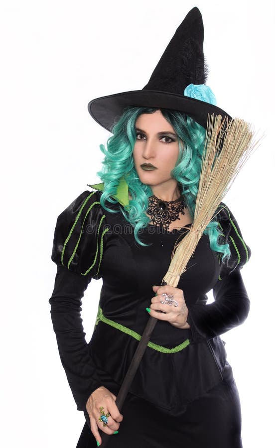 Green Haired Witch with Broom Wearing Witch Hat Stock Image - Image of ...