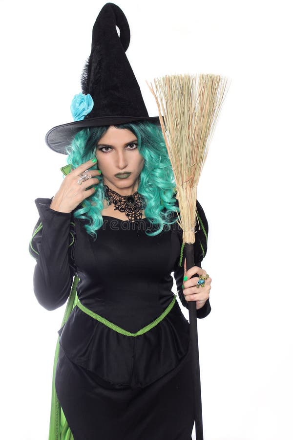 Green Haired Witch with Broom on White Background Stock Photo - Image ...