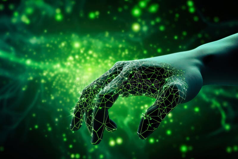 Green Hand Made of Abstract Lines with Background of Network Grid ...