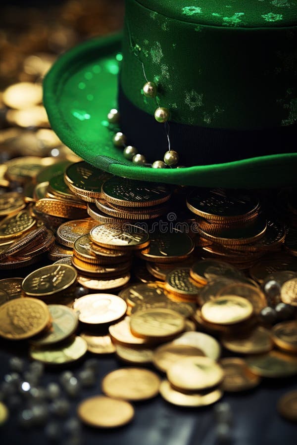 A Green Hat Sitting on Top of a Pile of Coins, AI Stock Image - Image ...