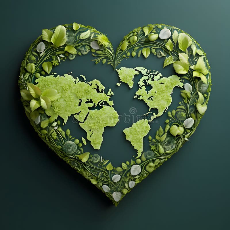 Green Heart in the Middle of the Continents Map of the Earth. Heart As ...