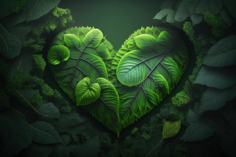 Green Heart Shapes with Leaf on Green Forest Background. Generative AI ...