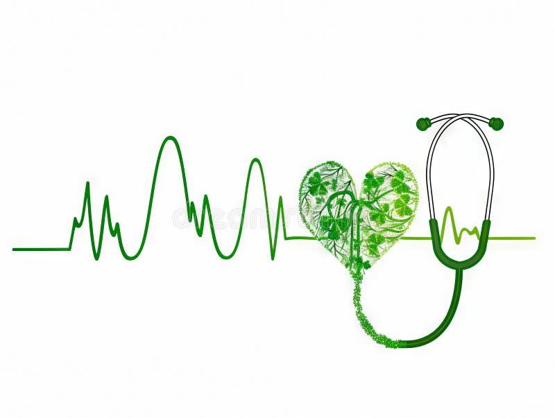 A Green Heart with a Stethoscope and Heartbeat Stock Image - Image of ...