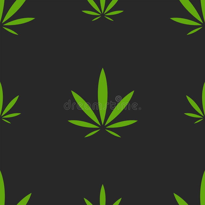 Green Hemp Leaves Seamless Pattern on Black Background, Trendy Print ...