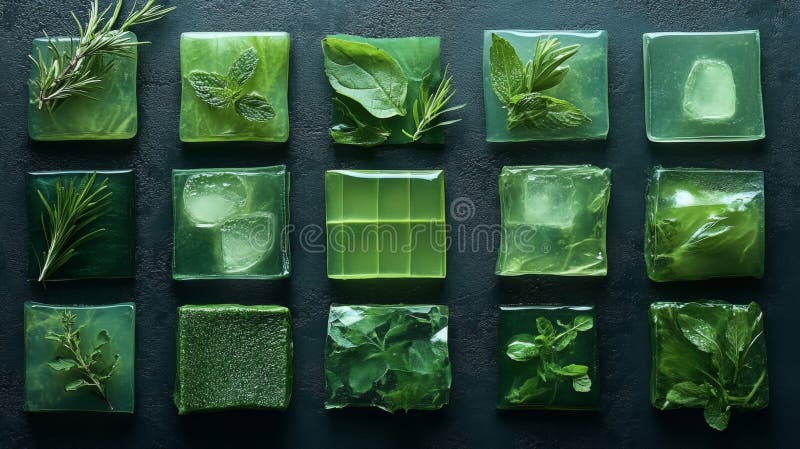 Green Herb Ice Cubes on Dark Background Stock Illustration ...
