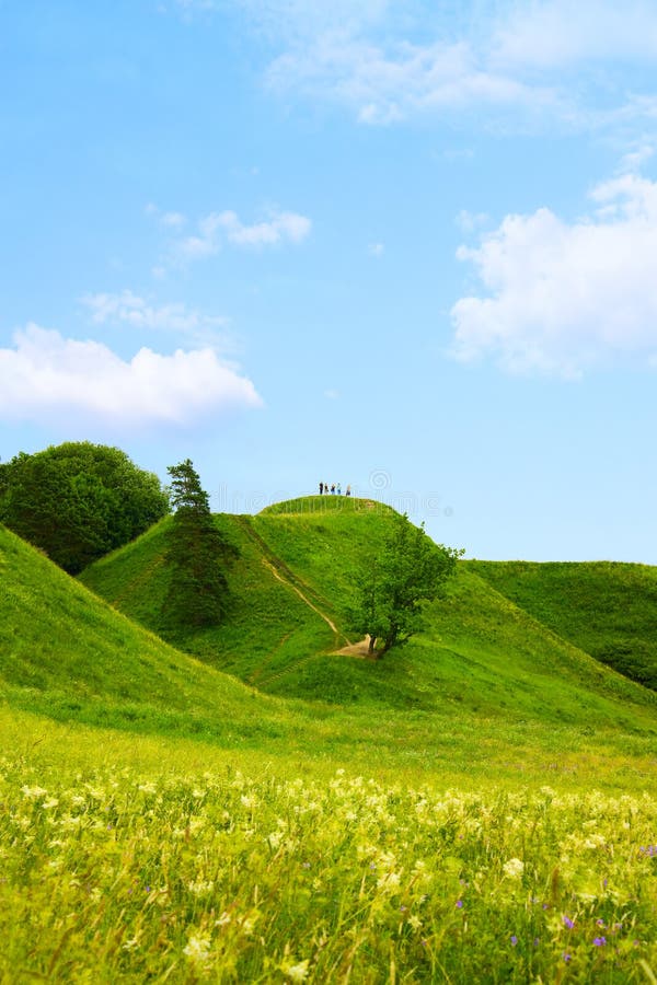 Green Grassy Hill with Blue Sky Stock Photo - Image of sunlight, grass ...