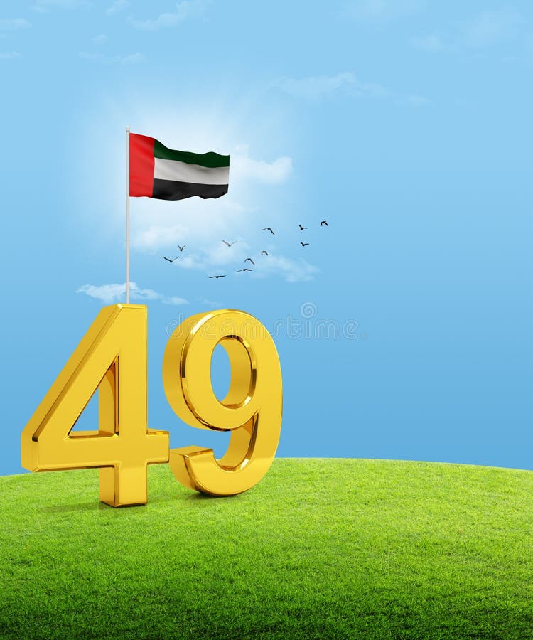 Green Hill with 3D Rendering of the Number 49 and UAE Flag. Stock ...