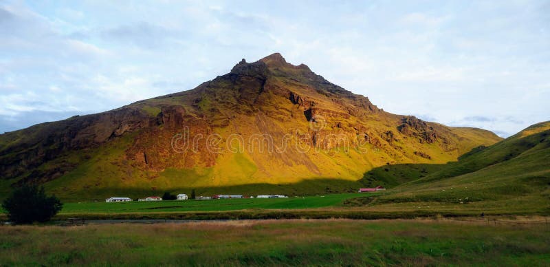 Green Hill Iceland Mountain Morning Light Yellow Cliffs Stock Photo ...