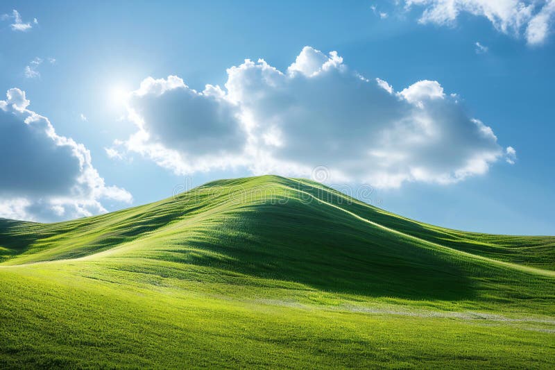 A Green Hill with Undulating Hills, Covered in Short Grass and Sunlight ...