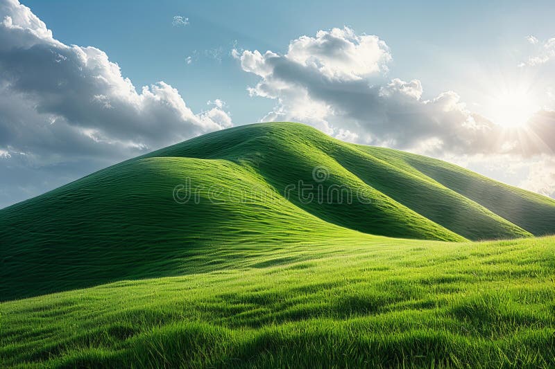 A Green Hill with Undulating Hills, Covered in Short Grass and Sunlight ...