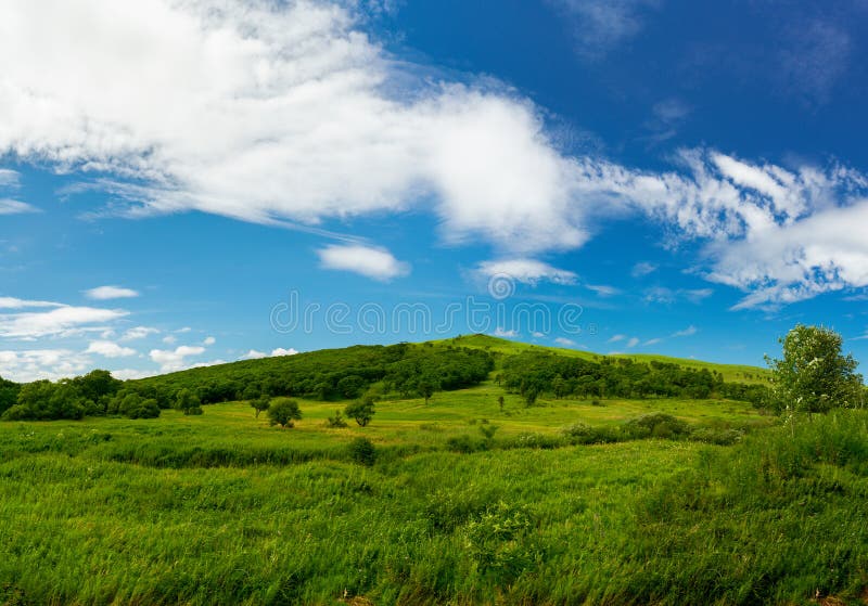 Green Hills with Trees and Blue Sky with Clouds Stock Photo - Image of ...