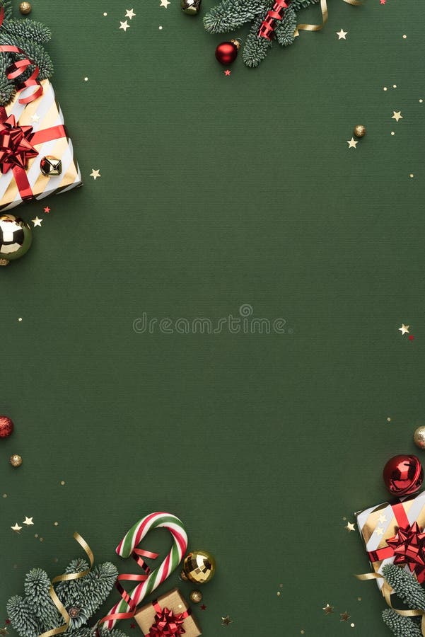 Green Holiday Background with Christmas Frame and Ornaments Stock Image ...