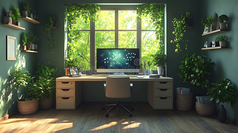 Green Home Office, Computer, Plants, Sunlight, Window, Work, Nature ...