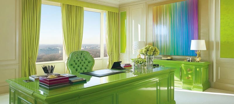 Green Home Office Interior with Large Windows, High-rise View, and Bold ...