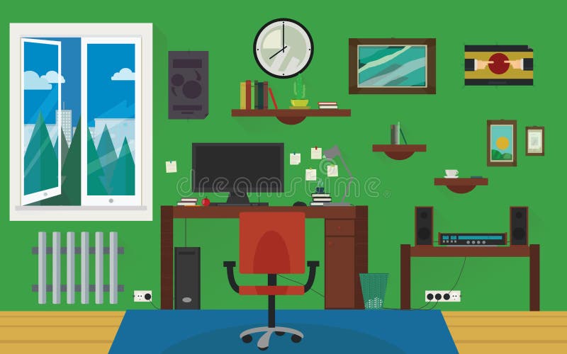Green home work room. stock vector. Illustration of desk - 50755289