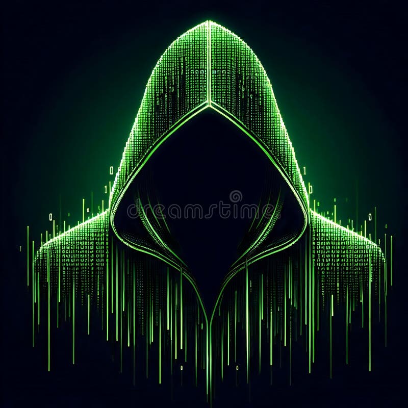 A Green Hooded Figure with a Face Made of Code Stock Illustration ...