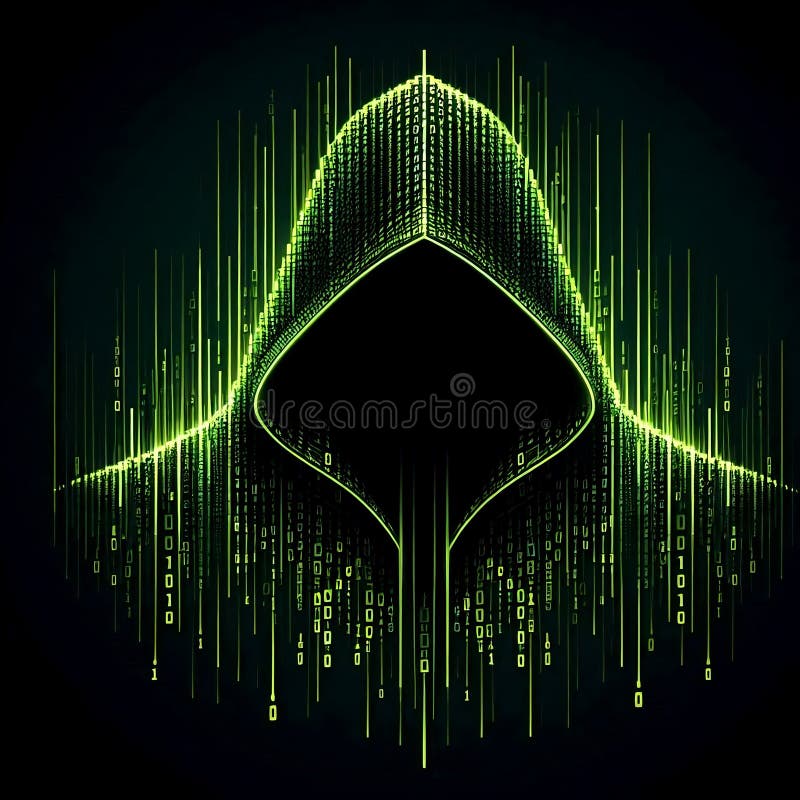 A Green Hooded Figure with a Face Made of Code Stock Illustration ...