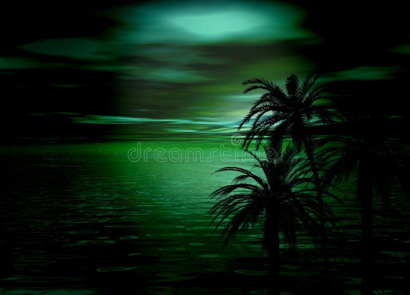 Green Horizon Sea and Sky Sunset with Trees Stock Illustration ...