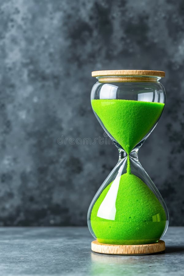 A Green Hourglass Sitting on Top of a Table Stock Image - Image of ...