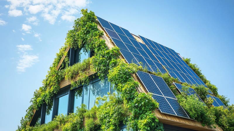 Green House with Solar Panels and Ivy Covered Walls Stock Illustration ...