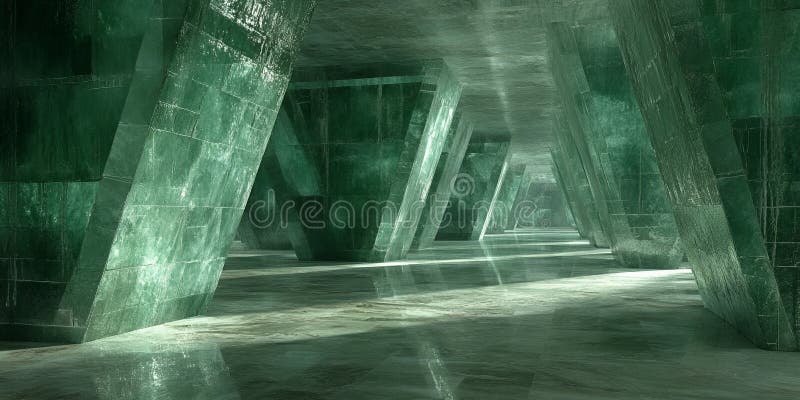A Green Hued Corridor with Textured Walls and Support Pillars Receding ...