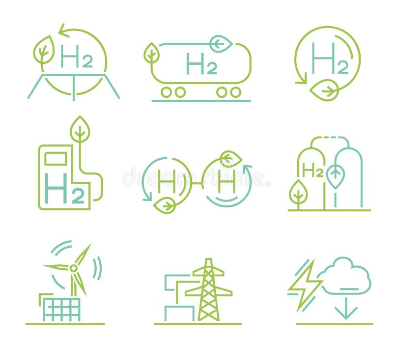 Green Hydrogen Production. Icons Collection. Pictograms Set Stock ...