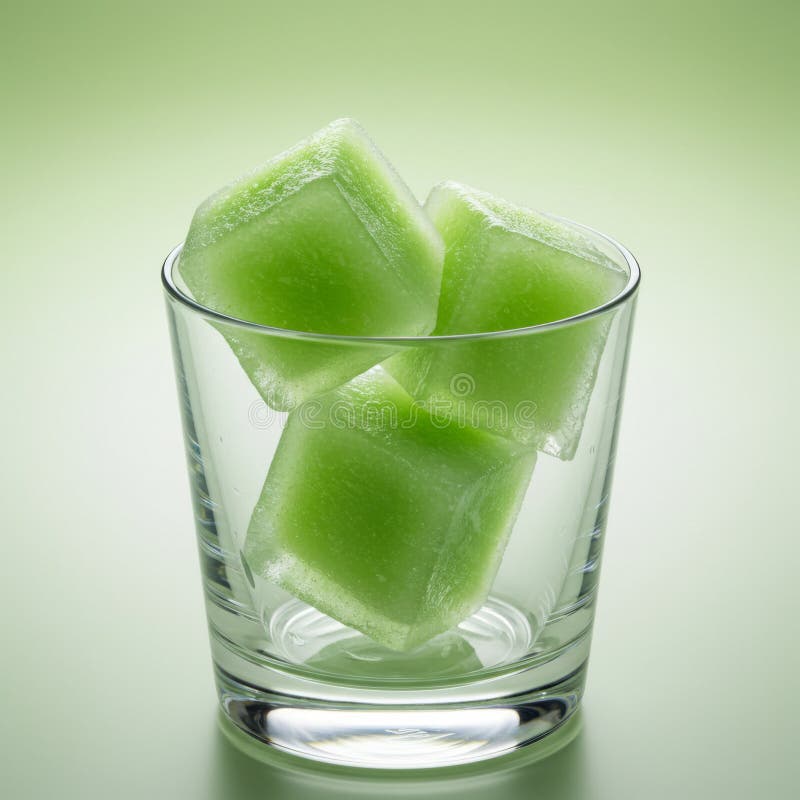 Green Ice Cubes in a Clear Glass Against a Light Green Background Stock ...