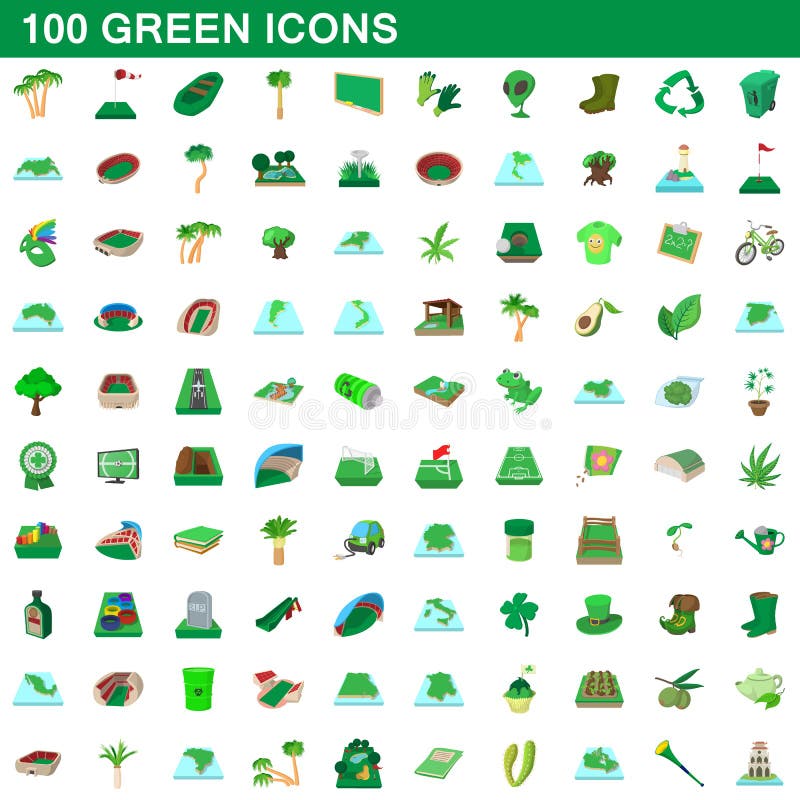 100 Green Icons Set, Cartoon Style Stock Vector - Illustration of ...