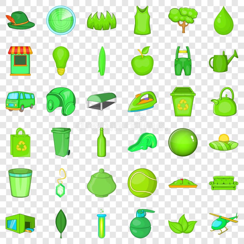 100 Green Icons Set in Cartoon Style Stock Vector - Illustration of ...