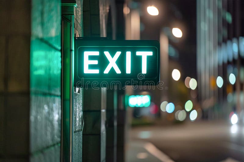 Green Illuminated Exit Sign at Night, Showing the Emergency Exit Path ...