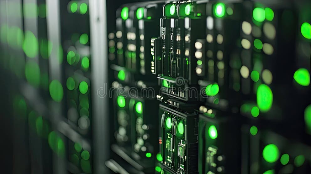 Green Illuminated Server Racks in Dark Data Center Stock Illustration ...