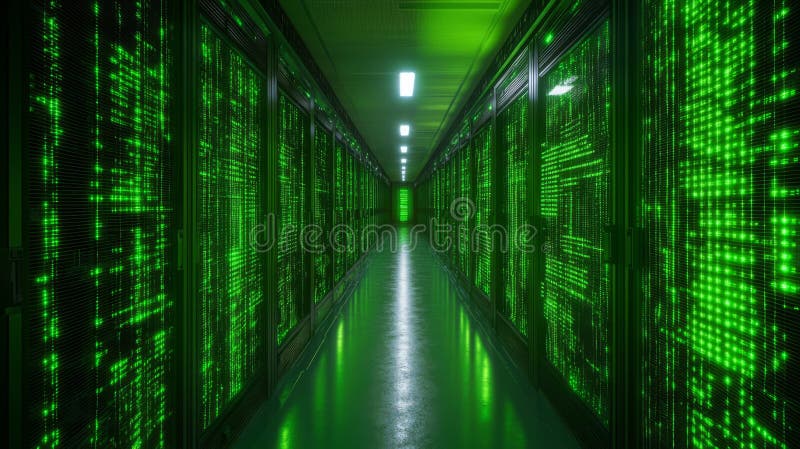 Green Illuminated Server Room Corridor Stock Illustration ...