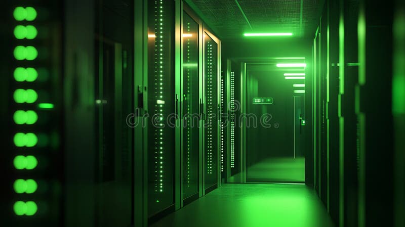 Green Illuminated Server Room Modern Data Center Technology Web Dark ...