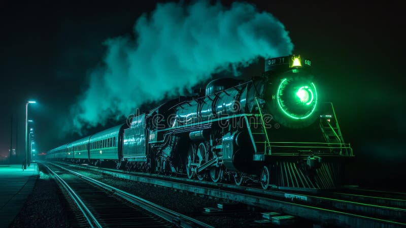 Green Illuminated Steam Train on Night Railway Track with Glowing ...