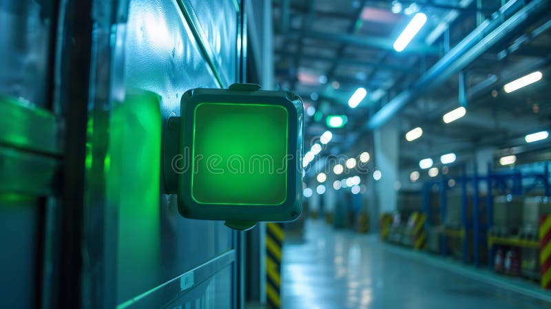 Green Indicator Light in a Large Industrial Warehouse/factory. Stock ...
