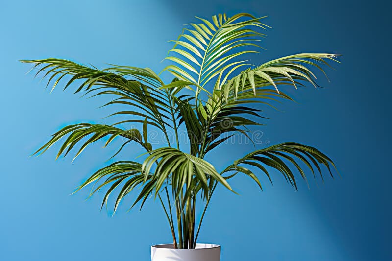 Green Indoor Palm Tree on a Blue Background. Stock Photo - Image of ...