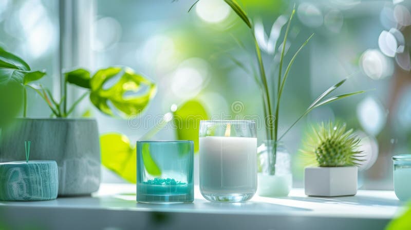 Green Indoor Plants and Candles in a Calm Home Setting Stock Photo ...